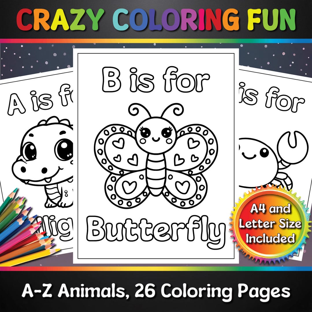 A-Z of Cute Animals, Printable Coloring Pages, 26 Pages, A4 & US Size ...
