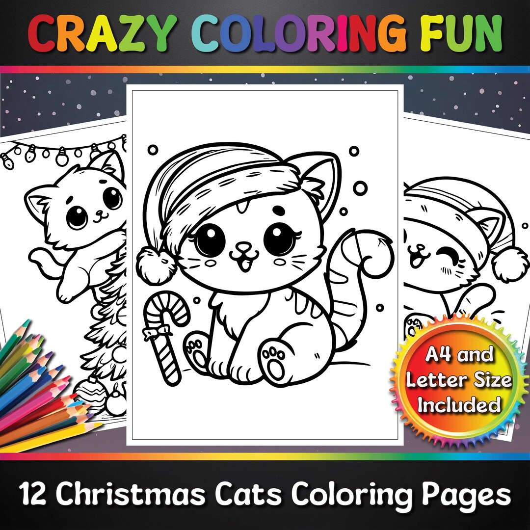 Cute Christmas Cats Printable Coloring Pages, 12 Pages, A4 & Letter ...