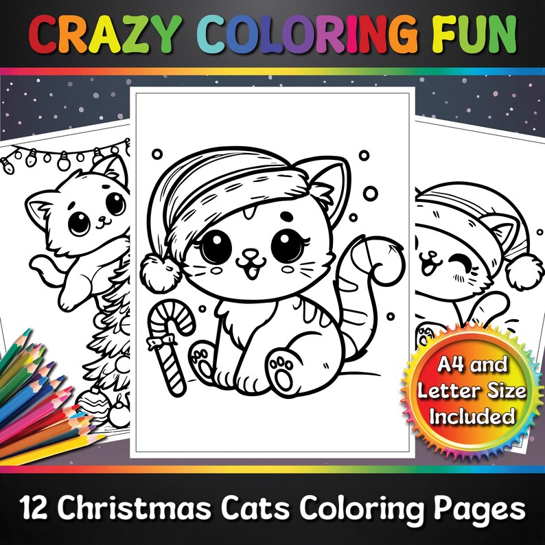 Cute Christmas Cats Printable Coloring Pages, 12 Pages, A4 & Letter ...