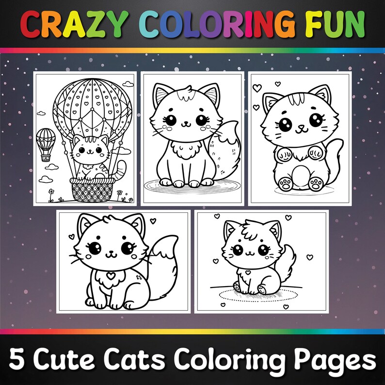 Cute Cat Adventures Printable Coloring Pages, 5 Pages, A4 & Letter Size ...