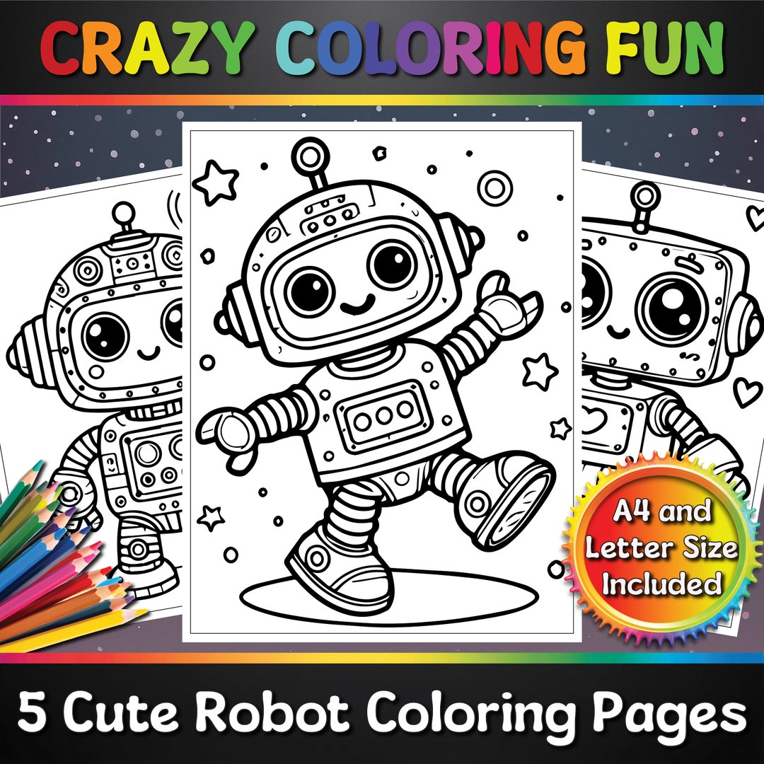 Cute Robot Adventures Printable Coloring Pages, 5 Pages, A4 & Letter ...