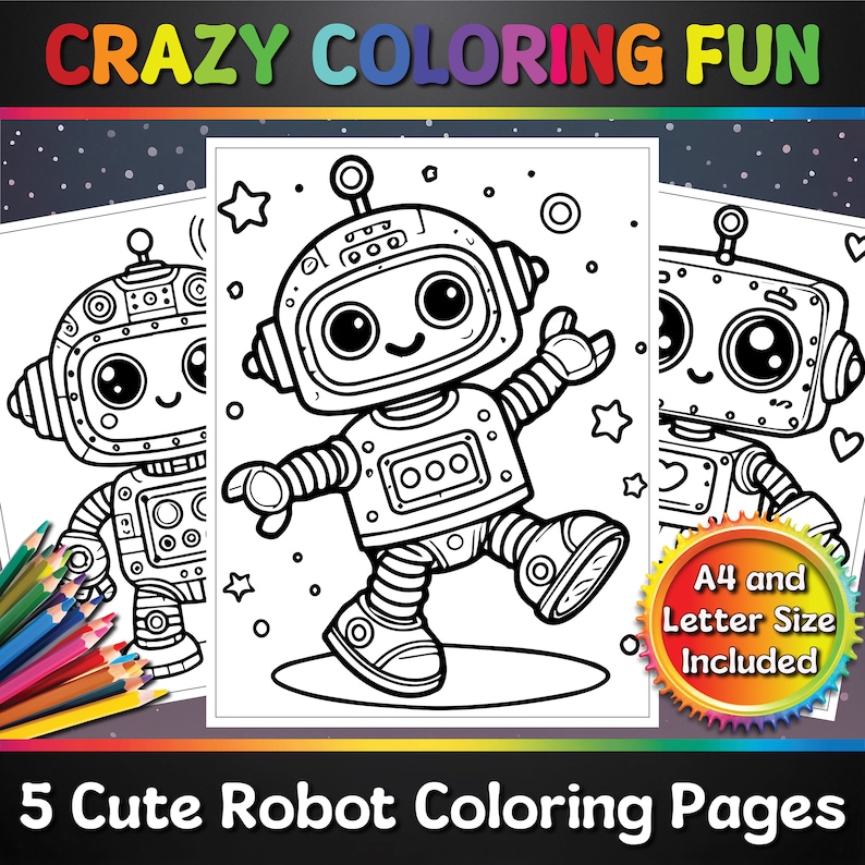 Cute Robot Adventures Printable Coloring Pages, 5 Pages, A4 & Letter ...