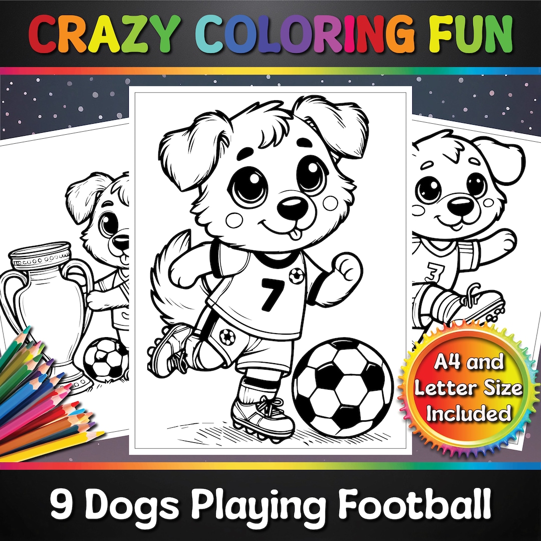 Dogs Playing Football Printable Coloring Pages, 9 Pages, A4 & Letter ...