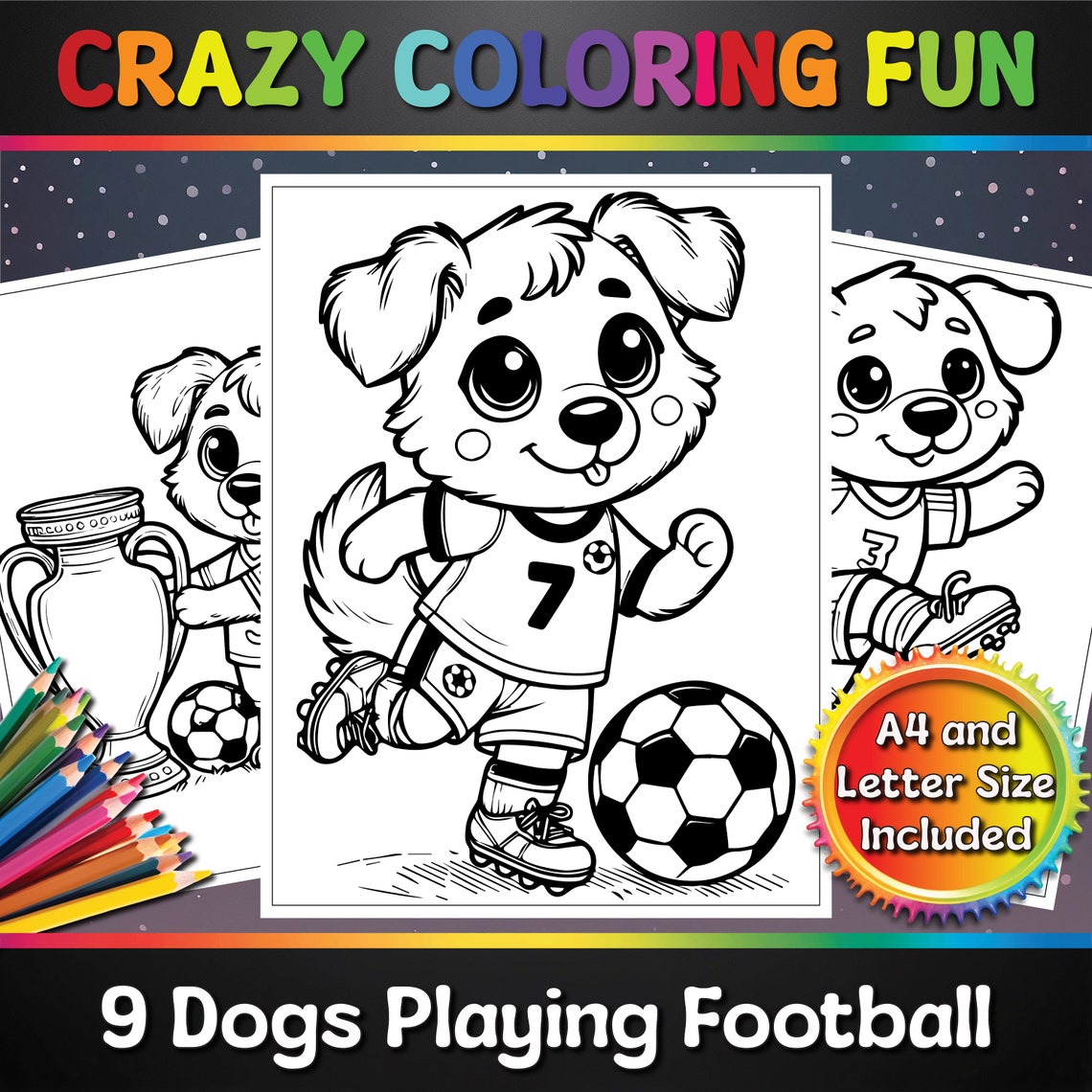Dogs Playing Football Printable Coloring Pages, 9 Pages, A4 & Letter ...