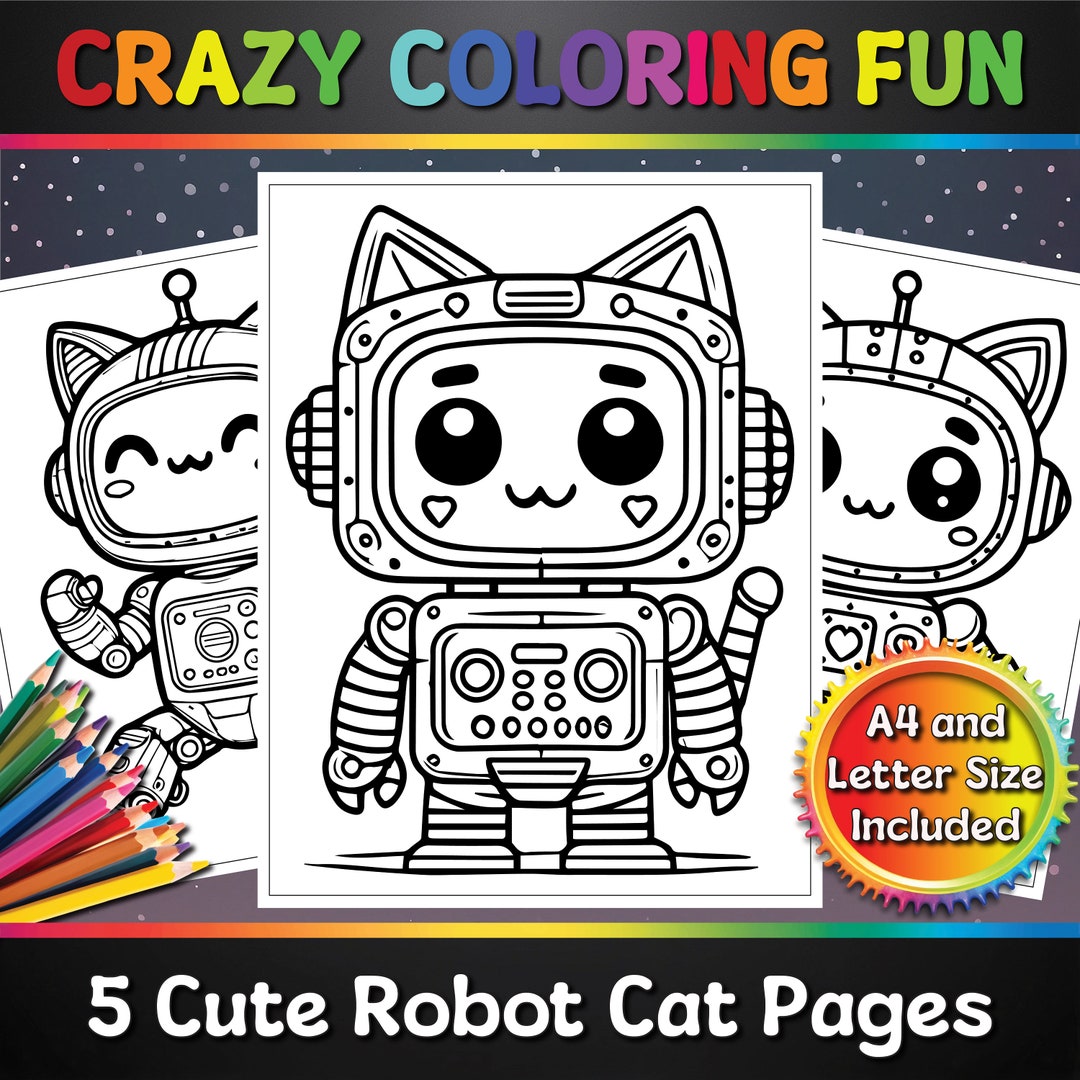 Cute Robot Cat Printable Coloring Pages, 5 Pages, A4 & Letter Size, PDF ...