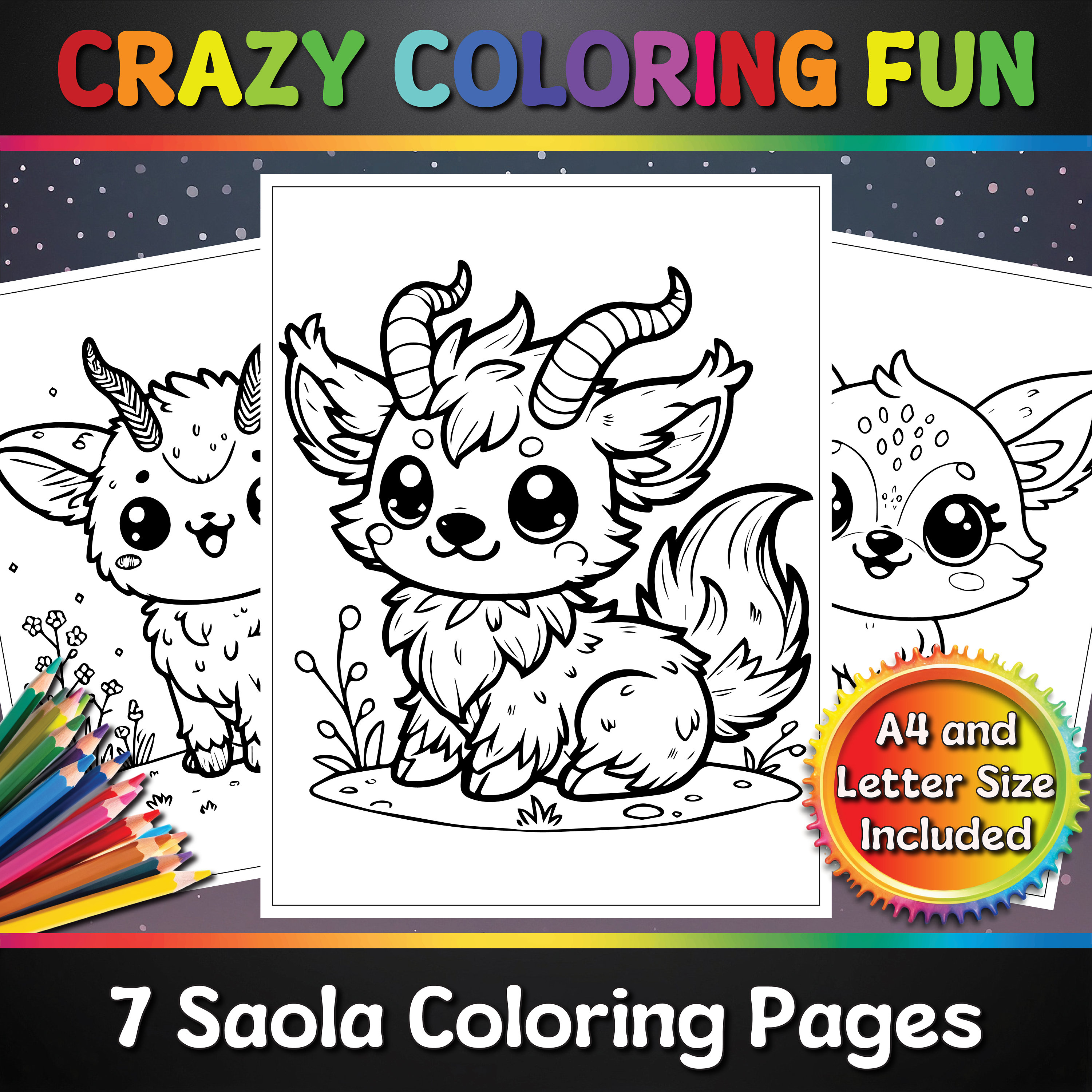 Cute Saola Asian Unicorn Printable Coloring Pages, 7 Pages, A4 & Letter ...