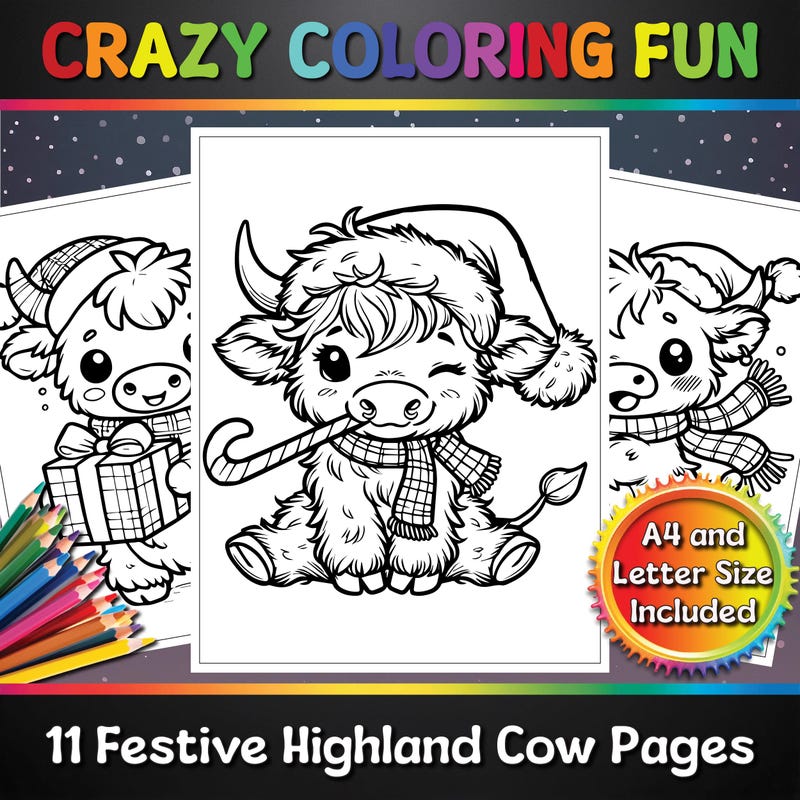 Christmas Highland Cow Coloring Pages - Etsy