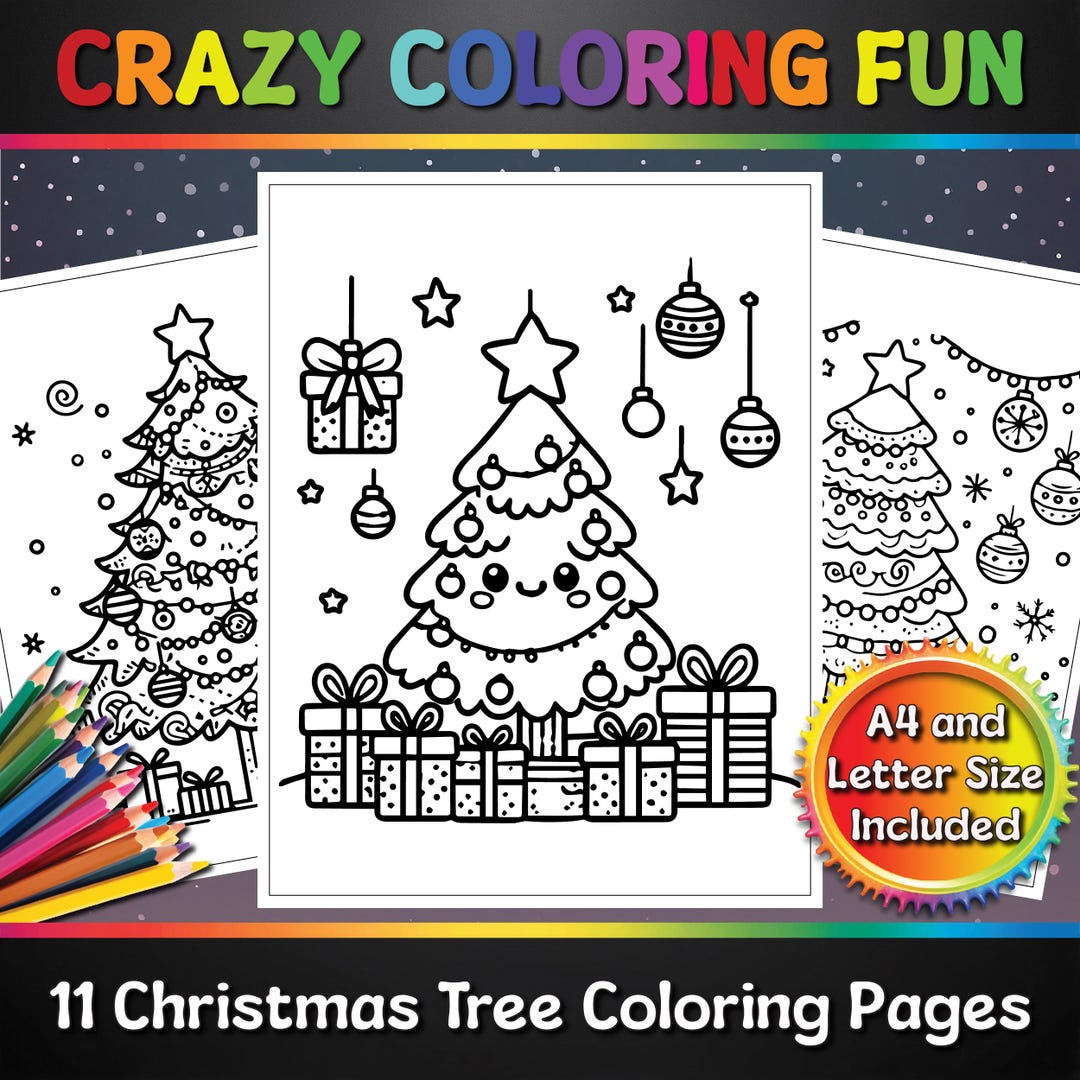Christmas Tree Printable Coloring Pages, 11 Pages, A4 & Letter Size ...