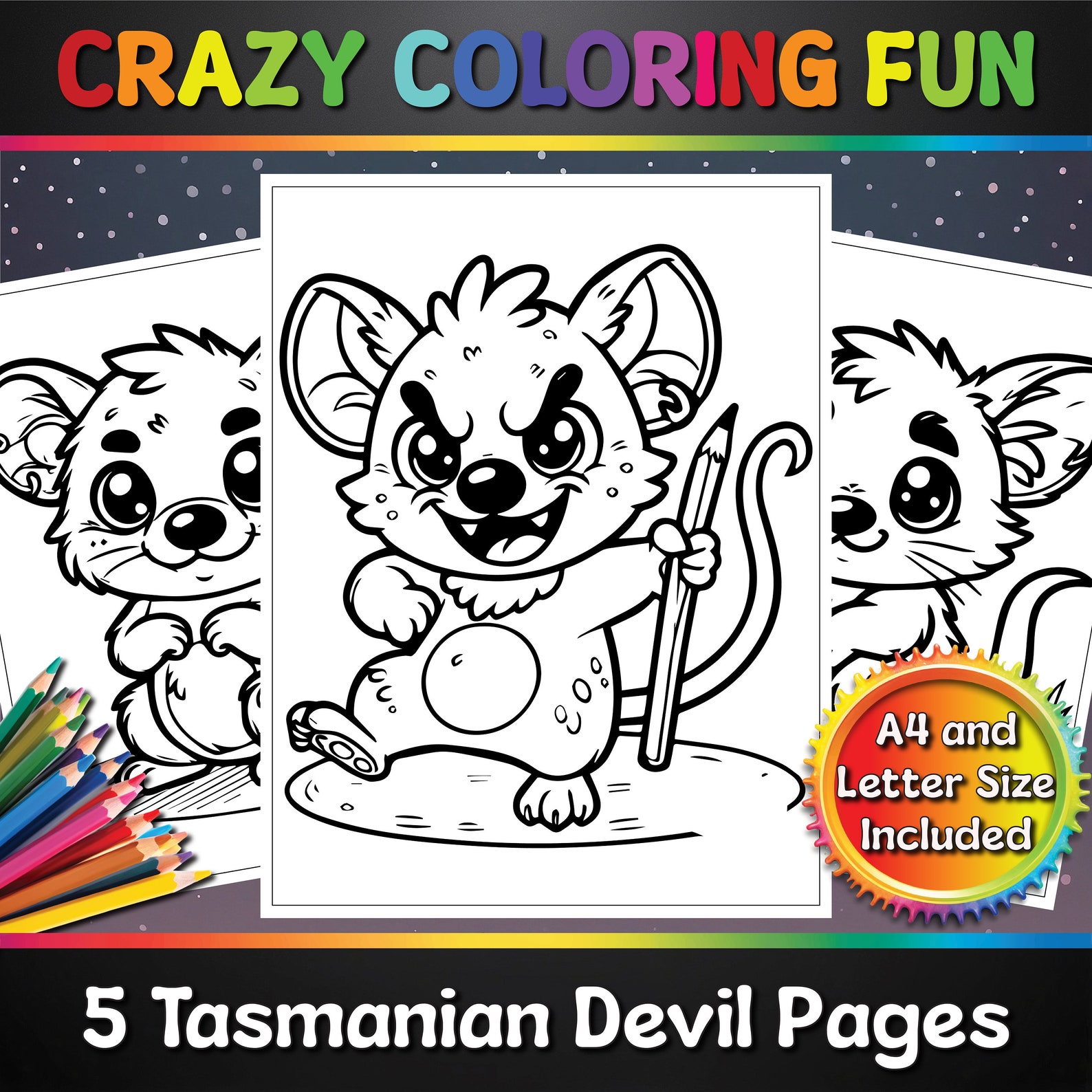 Tasmanian Devil Printable Coloring Pages, 5 Pages, A4 & Letter Size ...
