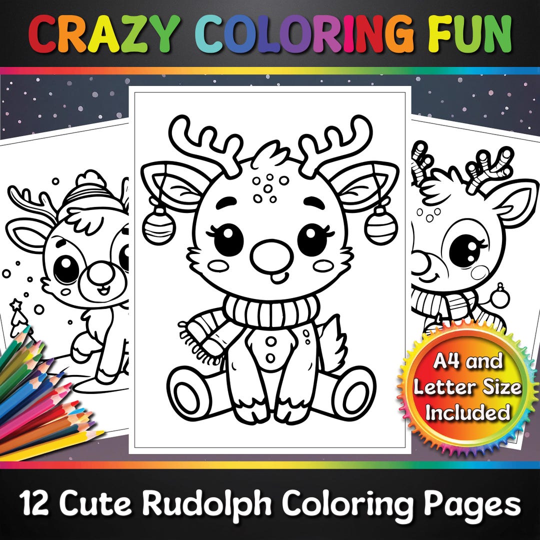Cute Rudolph Adventures Printable Coloring Pages, 12 Pages, A4 & Letter ...