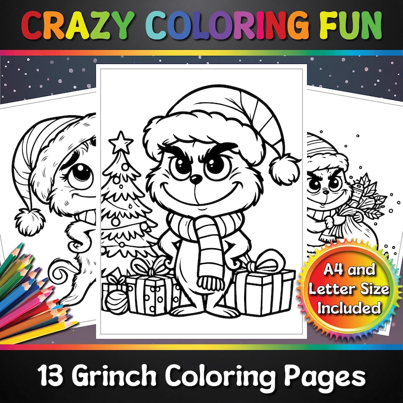 Cute Grinch Printable Coloring Pages, 13 Pages, A4 & Letter Size, PDF ...