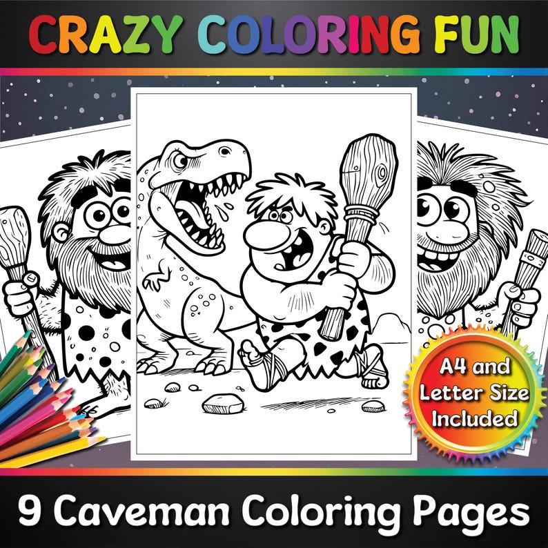 Caveman Prehistoric Printable Coloring Pages, 9 Pages, A4 & Letter Size ...