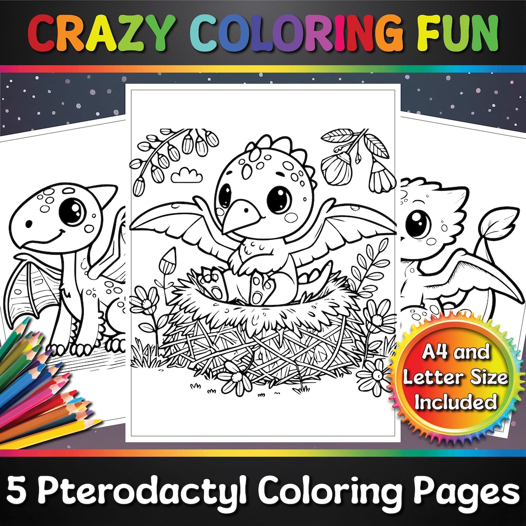 Baby Pterodactyl Printable Coloring Pages, 5 Pages, A4 & Letter Size ...