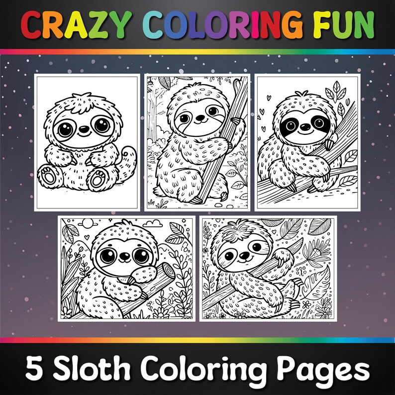 Sloth Adventures Printable Coloring Pages, 5 Pages, A4 & Letter Size ...