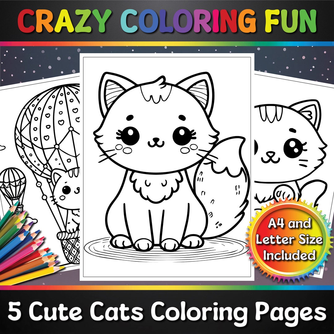 Cute Cat Adventures Printable Coloring Pages, 5 Pages, A4 & Letter Size ...