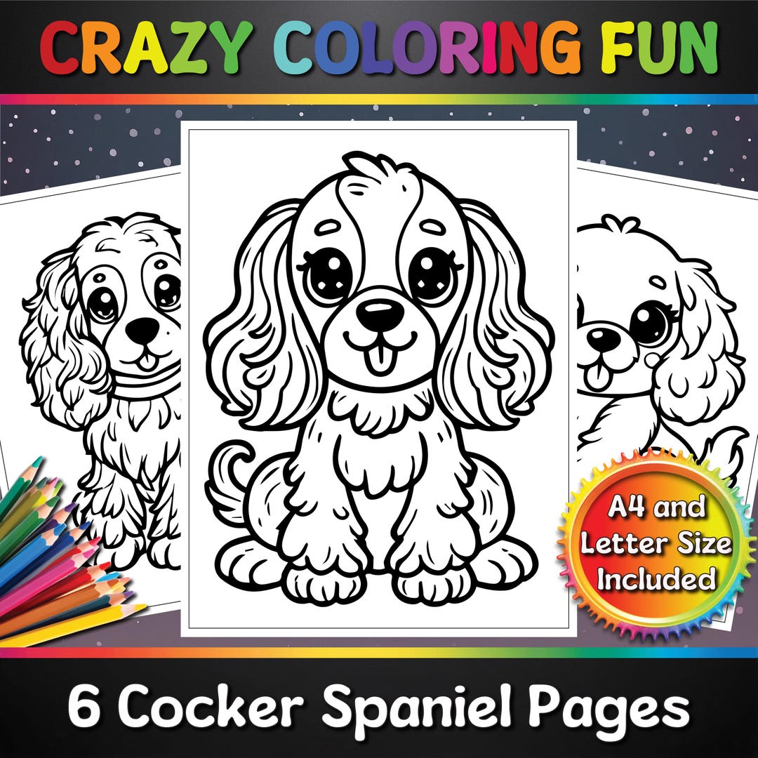 Cute Cocker Spaniel Printable Coloring Pages, 6 Pages, A4 & Letter Size ...