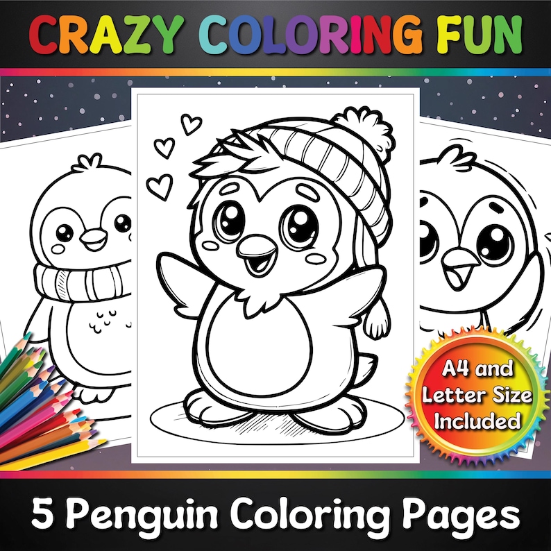 Cute Penguin Adventures Printable Coloring Pages, 5 Page, A4 & Letter ...