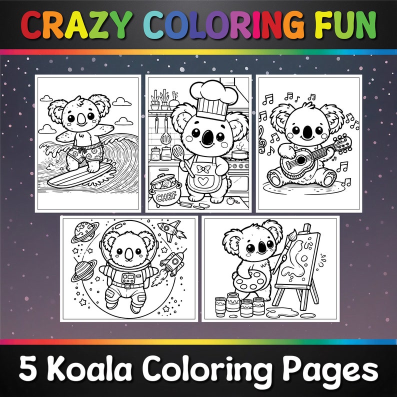 Koala Adventures Printable Coloring Pages, 5 Pages, A4 & Letter Size ...