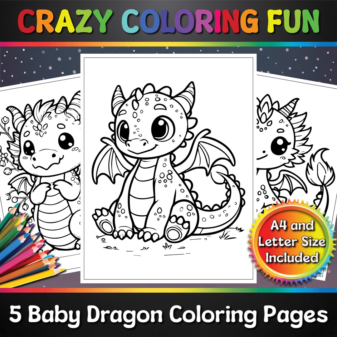 Baby Dragon Printable Coloring Pages, 5 Pages, A4 & Letter Size, PDF ...