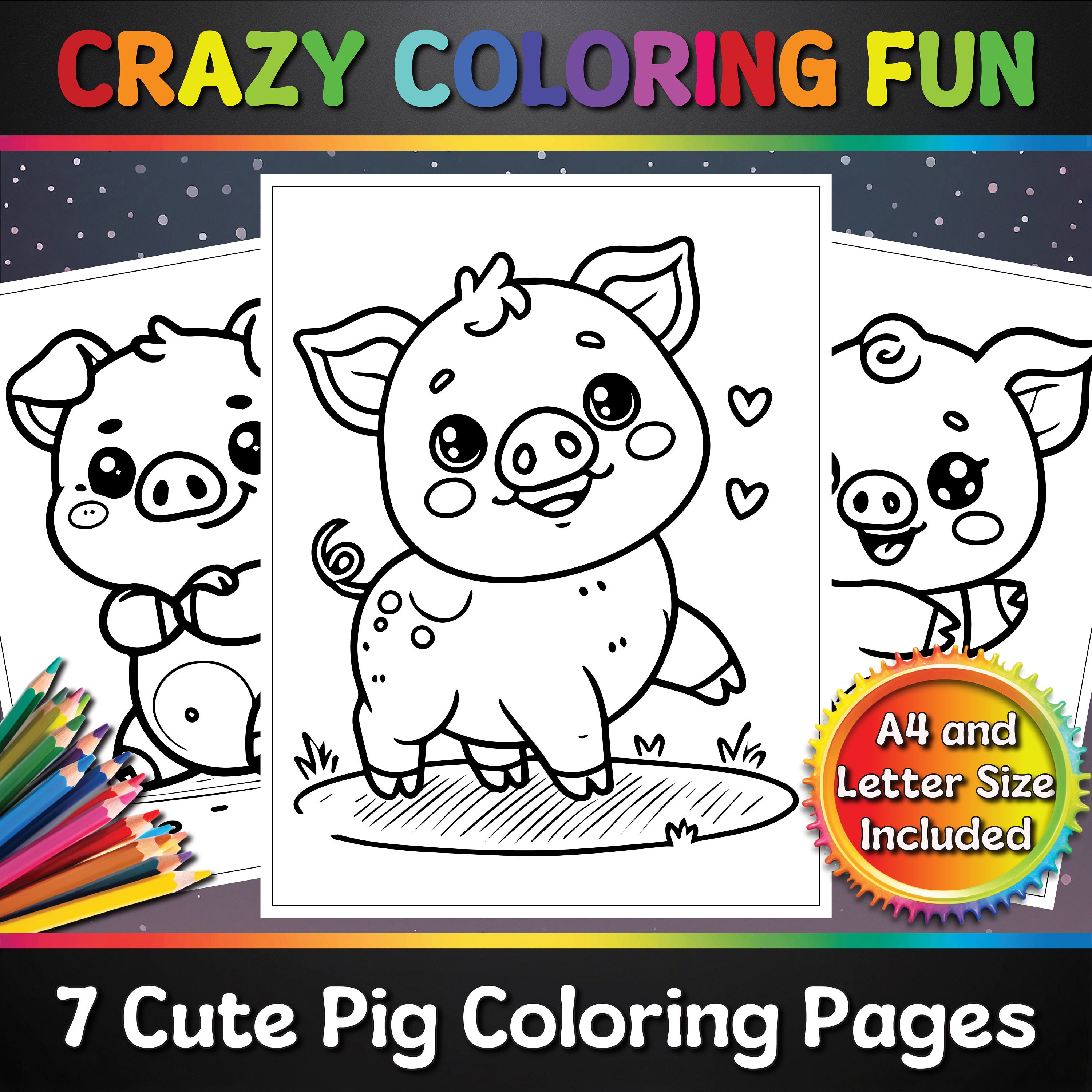 Cute Pig Printable Coloring Pages, 7 Pages, A4 & Letter Size, PDF ...