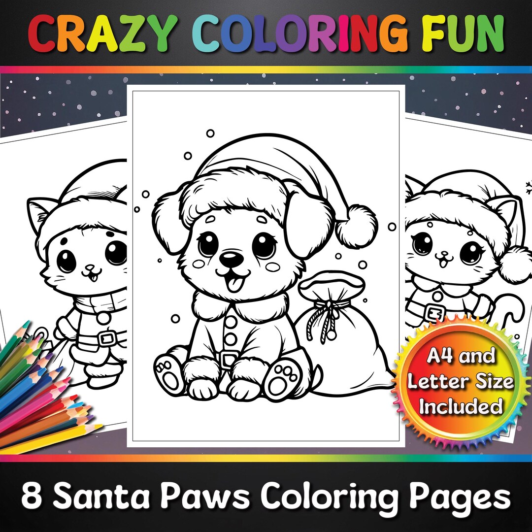 Cute Santa Cats and Dogs Printable Coloring Pages, 8 Pages, A4 & Letter ...