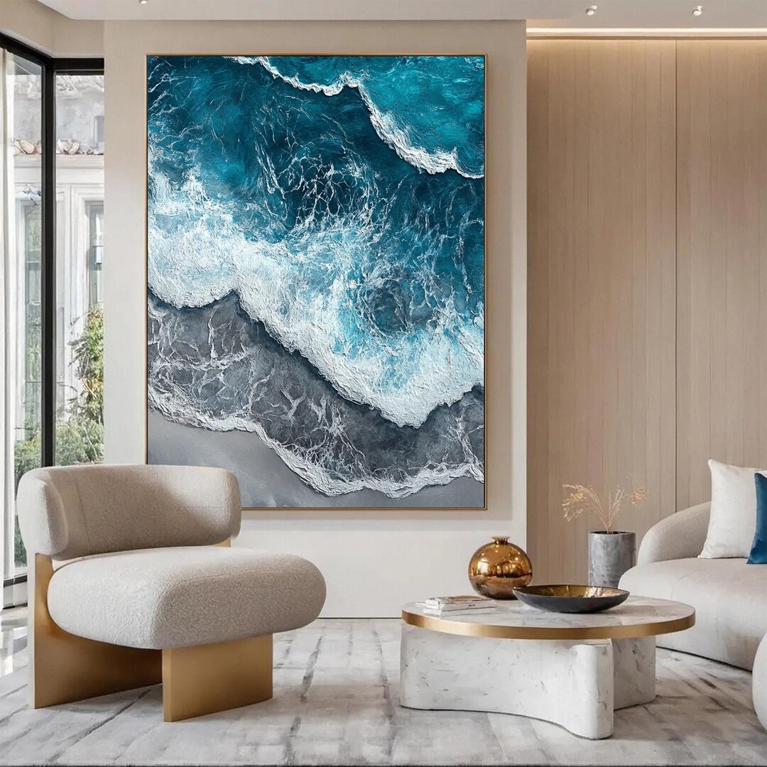 Abstract Blue Ocean Wave Wall Art, 3D Textured Beach Wall Art, Blue ...