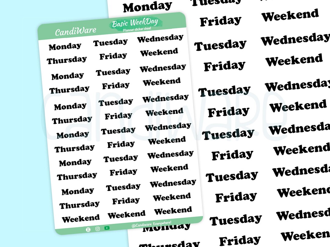 Basic Weekdays Sticker Sheet - Matte Sticker Paper - 3 Months of Number ...