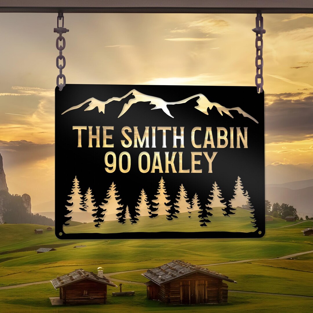 Personalized Metal Cabin Name Sign, Custom Pine Tree Metal Sign ...
