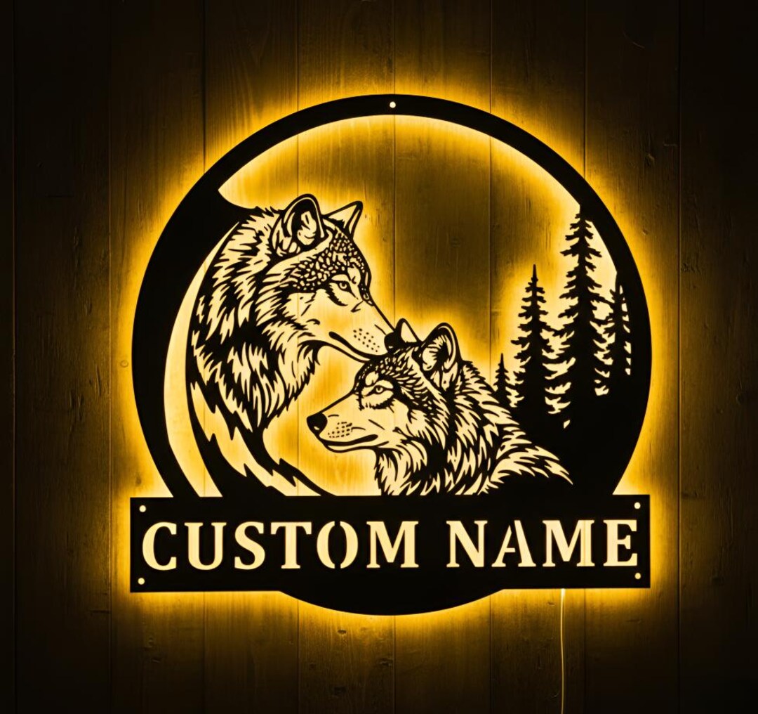 Custom Wolf Metal Wall Art LED Lights, Personalized Couple Wolf Sign ...