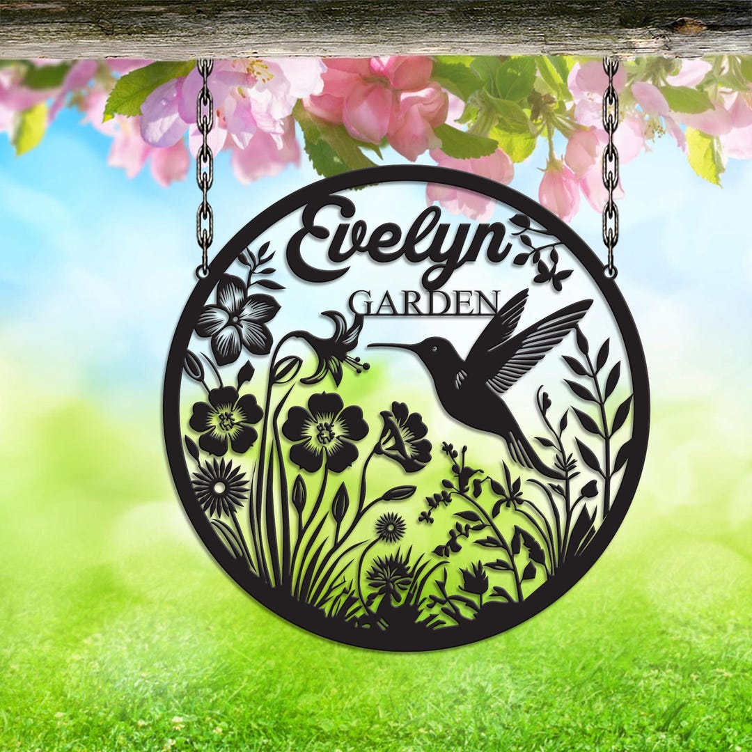 Custom Hummingbird Garden Metal Sign, Personalized Floral Metal Yard ...