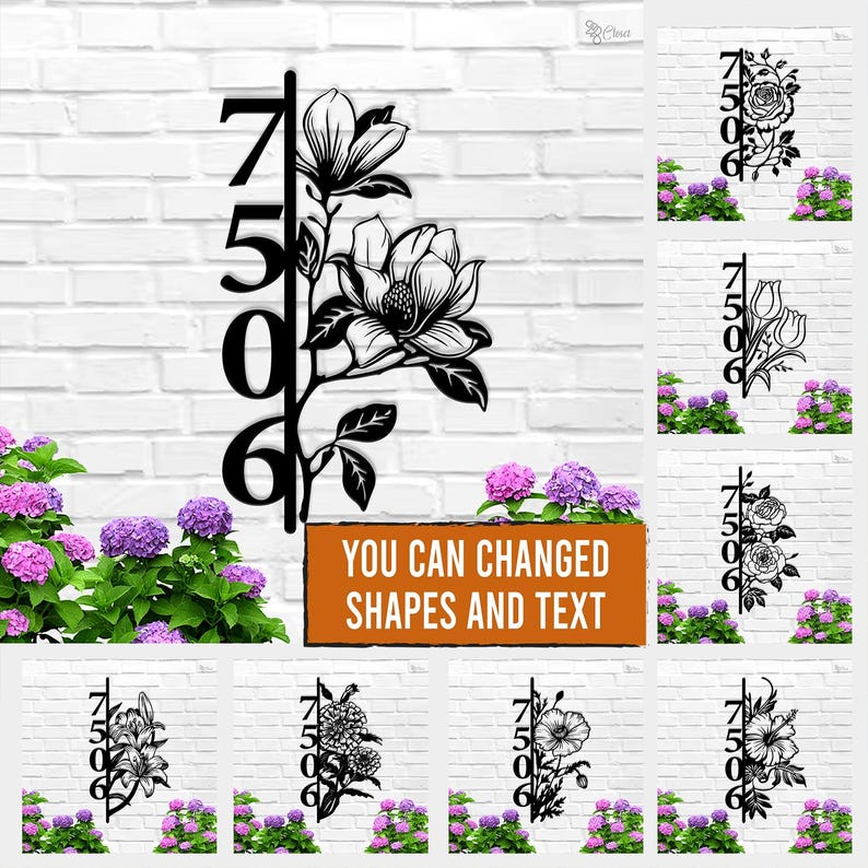 Custom Floral Metal House Number Sign, Vertical Address Sign, Vertical ...