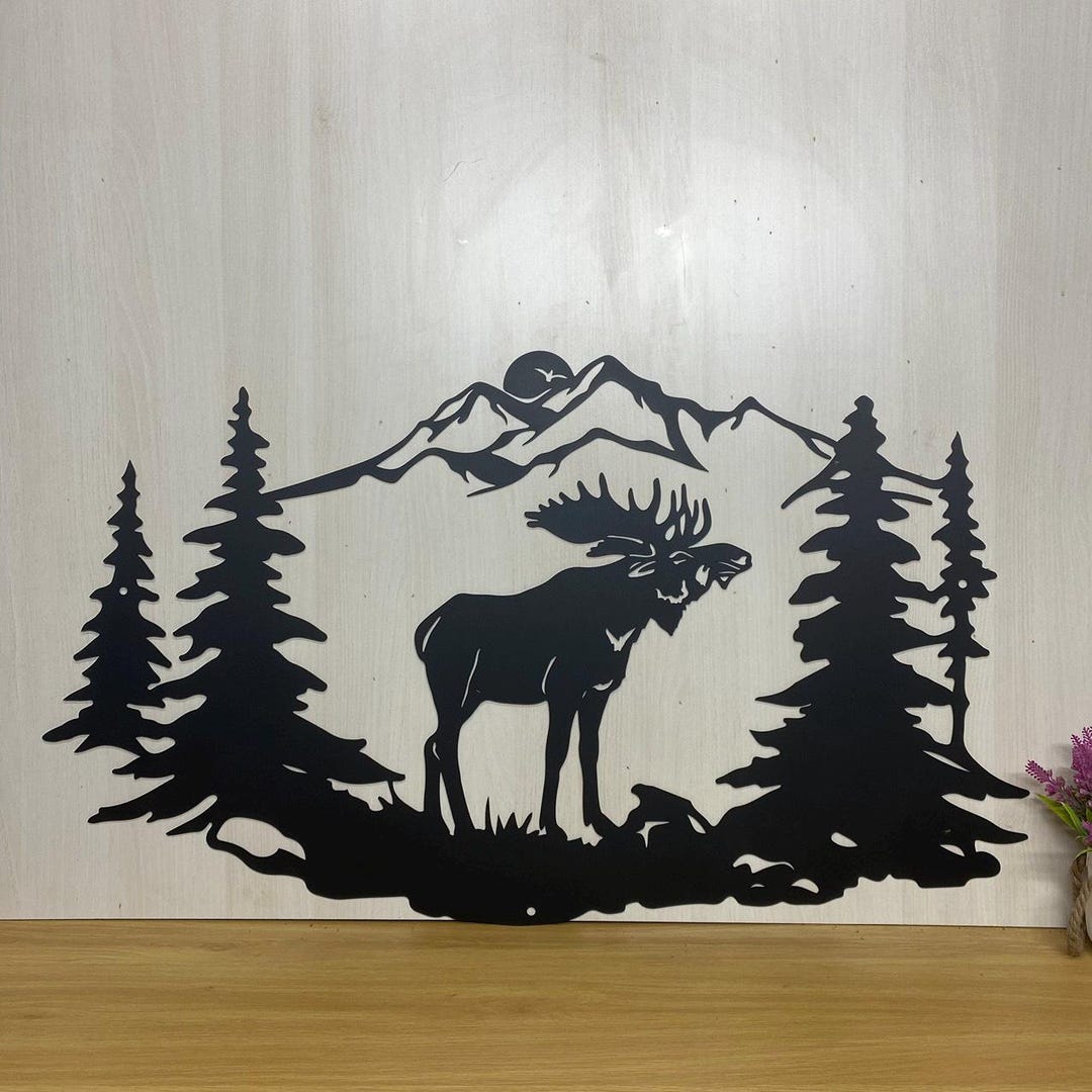Mountain Forest Moose Metal Wall Decor, Pine Tree Mountain Nature Metal ...