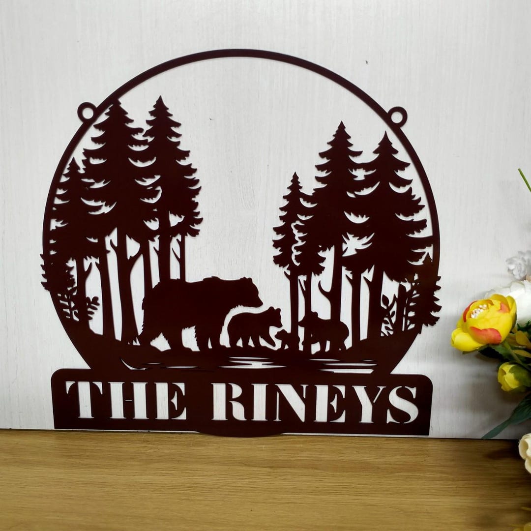 Personalized Family Bear in Woods Metal Sign, Custom Forest Bear Metal ...