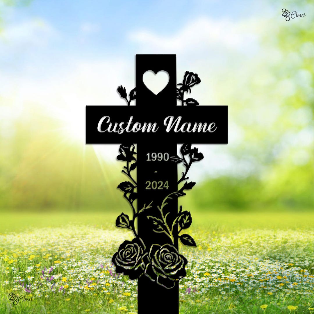 Custom Floral Cross Memorial Stake Metal Sign, Metal Cross Stake ...