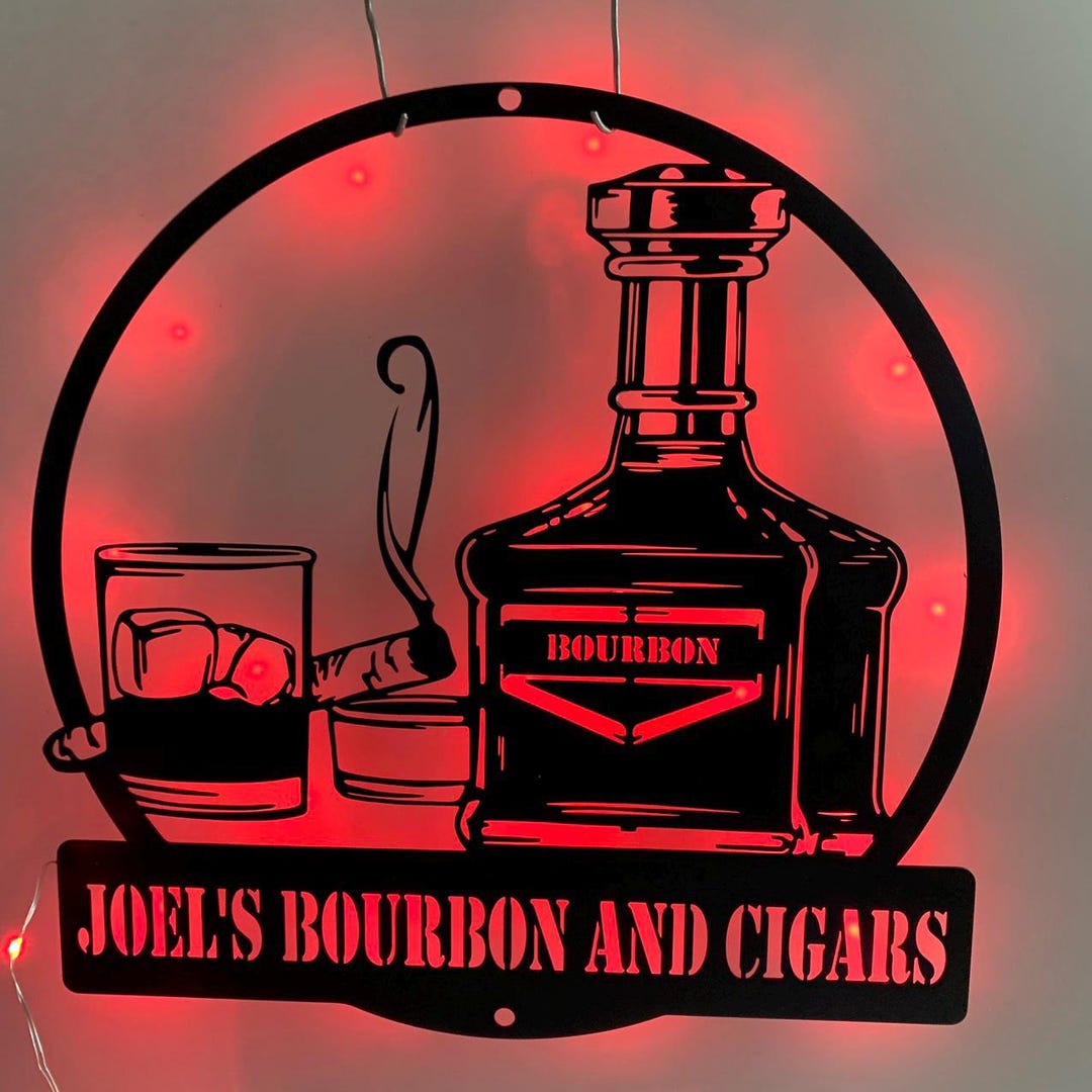 Custom Bourbon Cigar Smoking Metal Sign LED Light, Personalized Whiskey ...