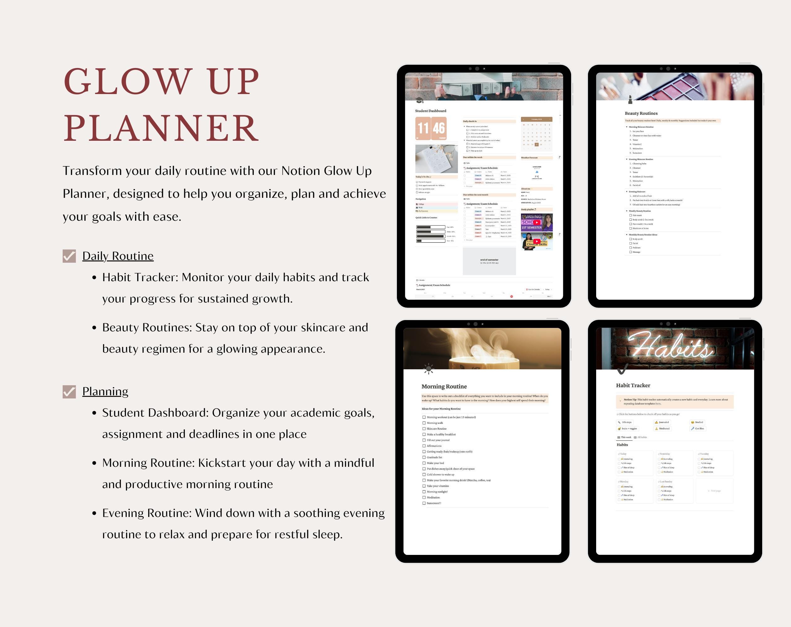 Glow up Planner | Notion Template | Habit Tracker | Notion Life Planner ...