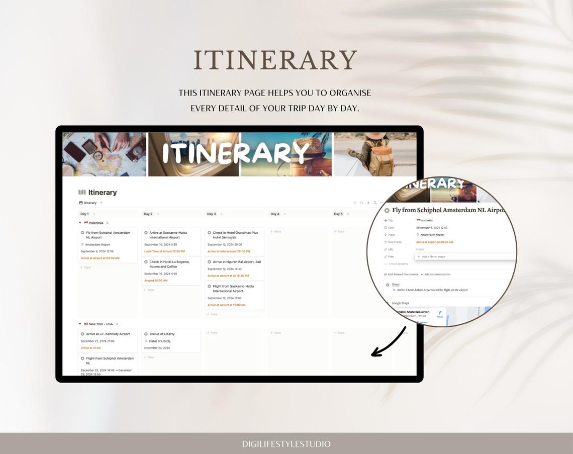 Travel Itinerary Digital Itinerary Notion Template Notion Planner ...