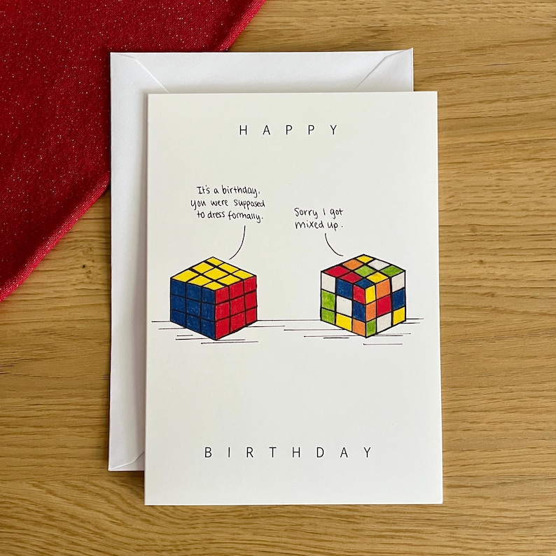 Rubik Cube Themed Birthday Card - Hand Drawn & Printed, Funny Birthday ...