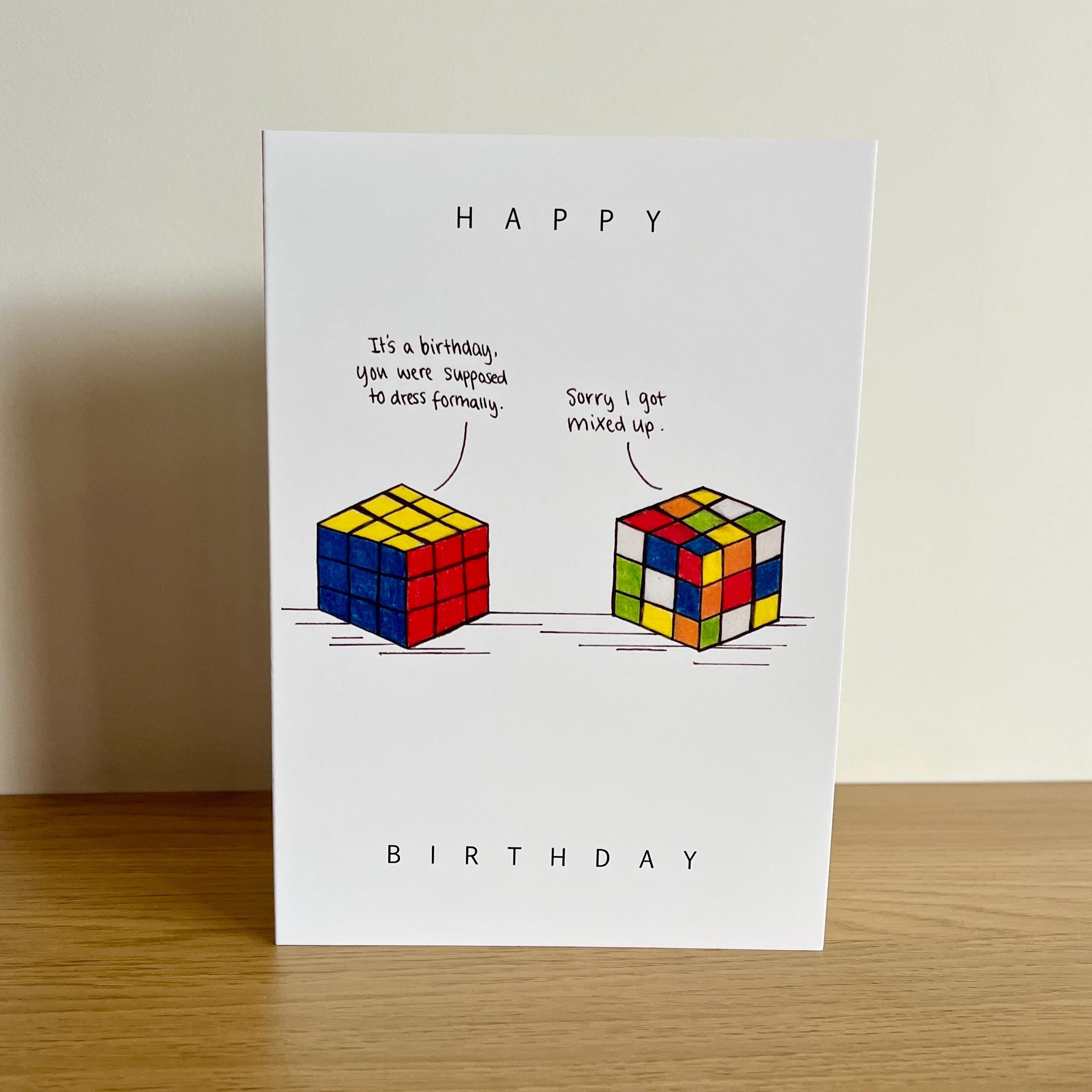 Rubik Cube Themed Birthday Card - Hand Drawn & Printed, Funny Birthday Card, Card for Rubix ...