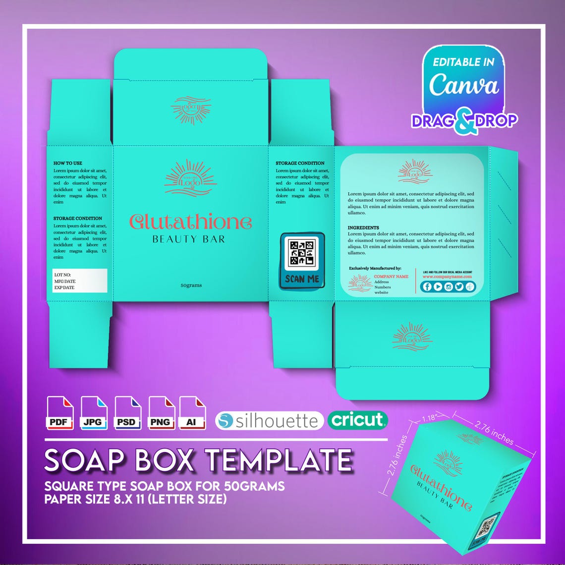 Soap Box Template, Editable in Canva, Canva Template, Square Box, Gift ...