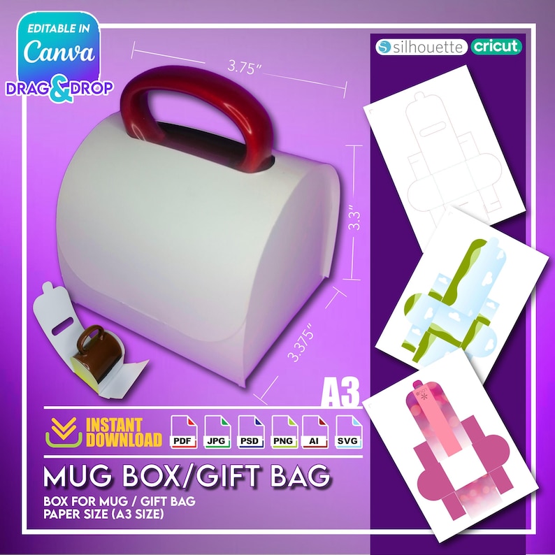 Mug Box, Bag Design Template, Canva Template A3 Size Gift Box, Editable in Canva, Gift Box Canva ...