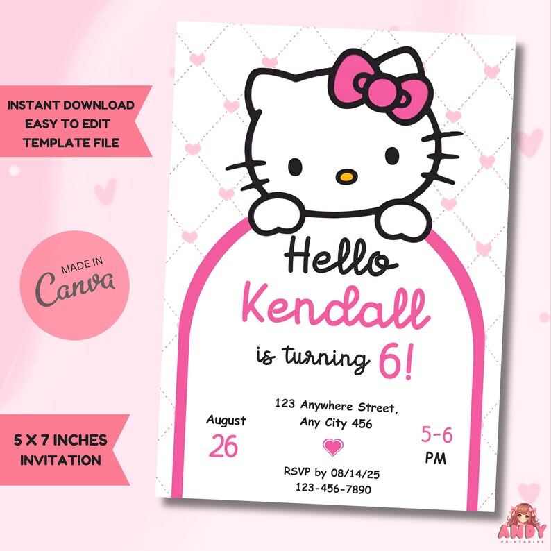 Kitty Invitation Kitty Editable Digital Invitation Pink Kitty ...