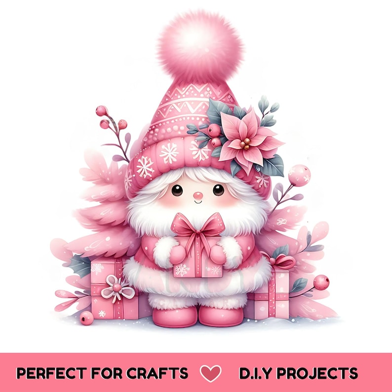 Cute Pink Christmas Gnomes Clipart Watercolor Christmas Cute Pink Gnome ...