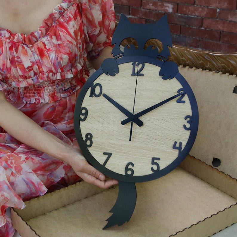 Customizable Wooden Cat Wall Clock: Silent Home Decor - Etsy