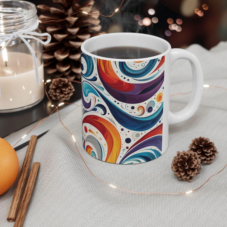 Retro Mug, 1970s Style Swirly Colorful Ceramic Mug, Decorative Coffee ...