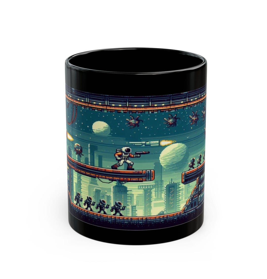 Space Shooter Black Mug, Alien Gamer Retro 2D Video Game Gift, Spaceman ...
