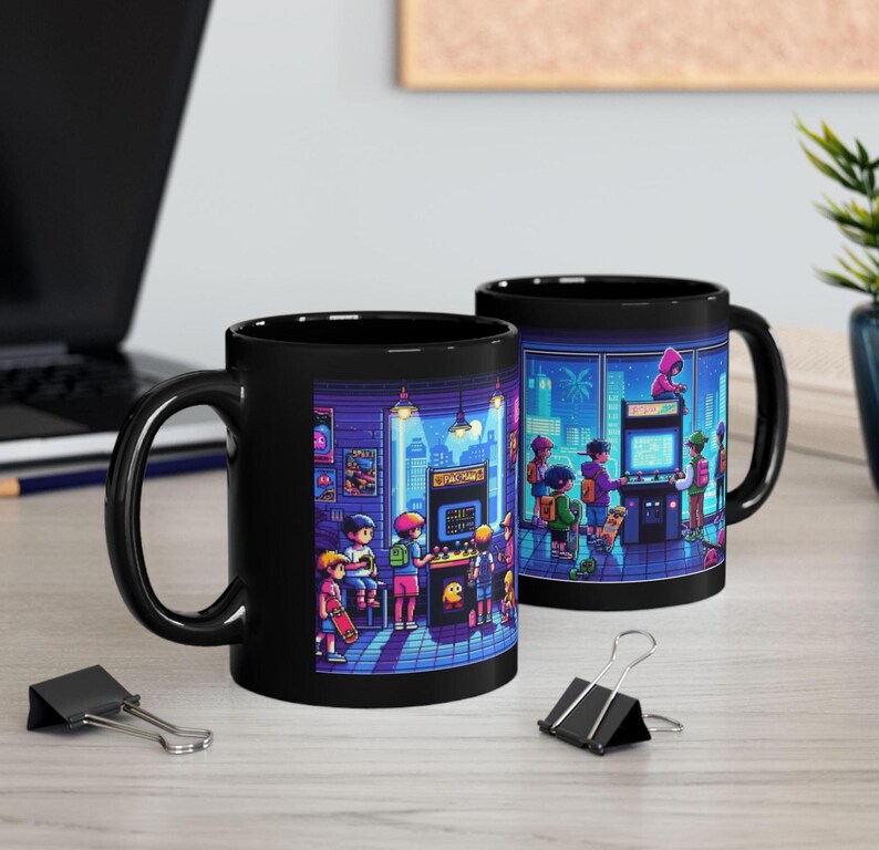 Retro Black Pixel Kids Playing Arcade Machine. Black Mug (11oz, 15oz ...