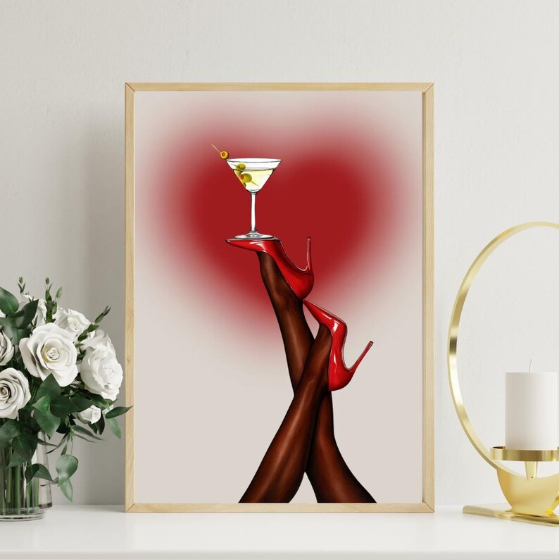 Martini Legs Wall Art Print, Digital Download, Red High Heels, Cocktail ...