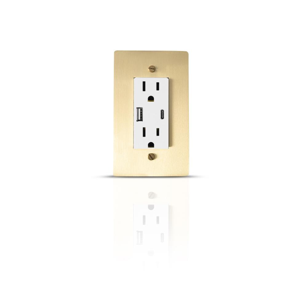 Brushed Brass Outlet Cover With White 15 Amp Socket | Single Gang ...