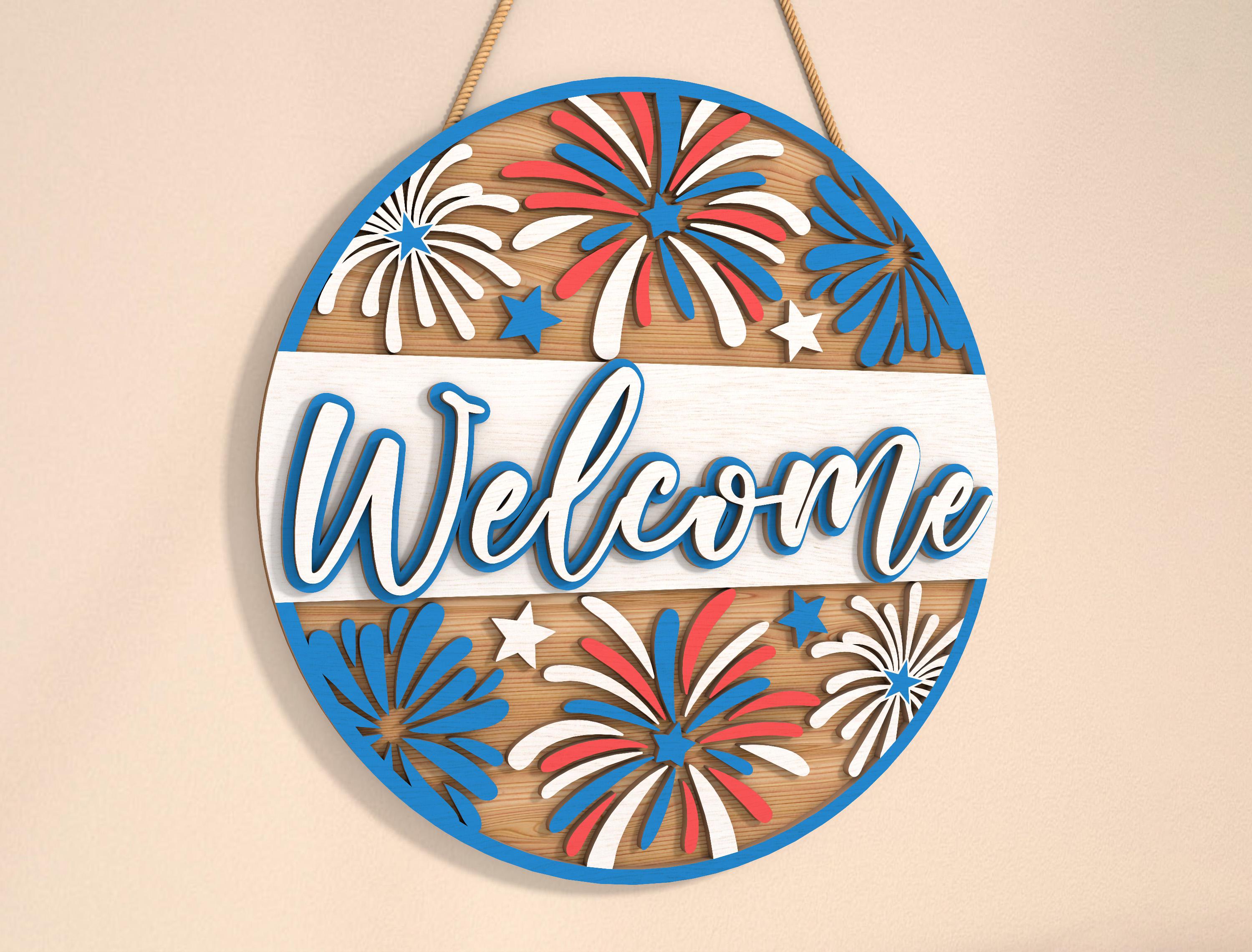 Welcome Fireworks Stars Sign, Round Door Hanger SVG, Patriotic Welcome ...